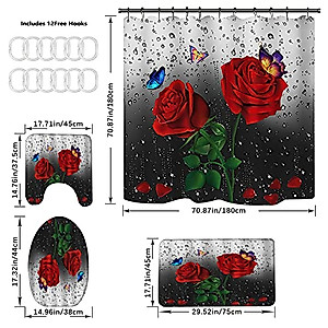 Red Rose Shower Curtain Sets with Non-Slip Rugs,Toilet Lid Cover and Bath Mats Rose Bathroom Sets with Rugs and Accessories Flower Shower Curtain for Bathroom Floral Bathroom Curtain Sets1-1