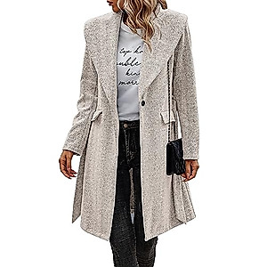 ECOWISH Women Coat Long Jacket: Winter Fashion Long Sleeve Lapel Casual Overcoat With Belt Beige Large