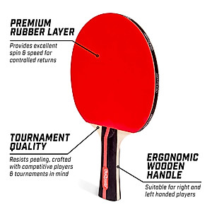GoSports Tournament Edition Table Tennis Paddles Set of 4 Premium Wooden Paddles with Rubber Grip - Includes 4 Paddles and 6 Pro Grade Table Tennis Balls with Carrying Case
