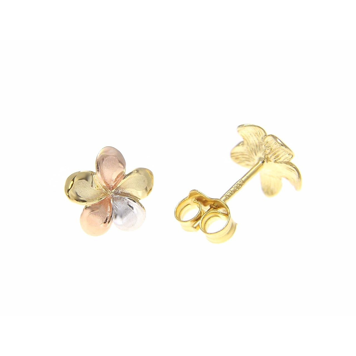 tricolor gold Hawaiian 9mm plumeria flower stud post earrings