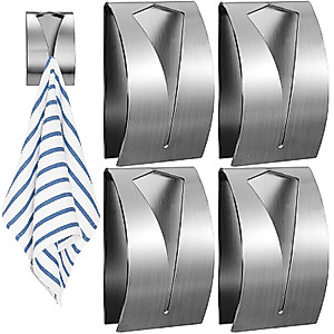 4 Pcs Kitchen Towel Holder Grabber Self Adhesive, Stainless Steel Kitchen Dish Towel Hook ,Wall Mount Non-Drilling Hand Towel Hanger Towel Holders for Bathroom Kitchen Cabinet