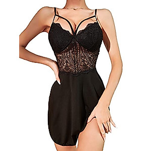 OYOANGLE Women's Cut Out Lace Trim Chemise Nightgown Spaghetti Strap Night Dress Sleepwear Black M
