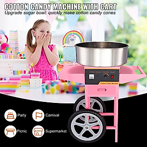 Commercial Electric Cotton Candy Machine with Cart, Stainless Steel Bowl, Sugar Scoop and Drawer - Perfect for Home, Kids Birthday, Family Party - Pink