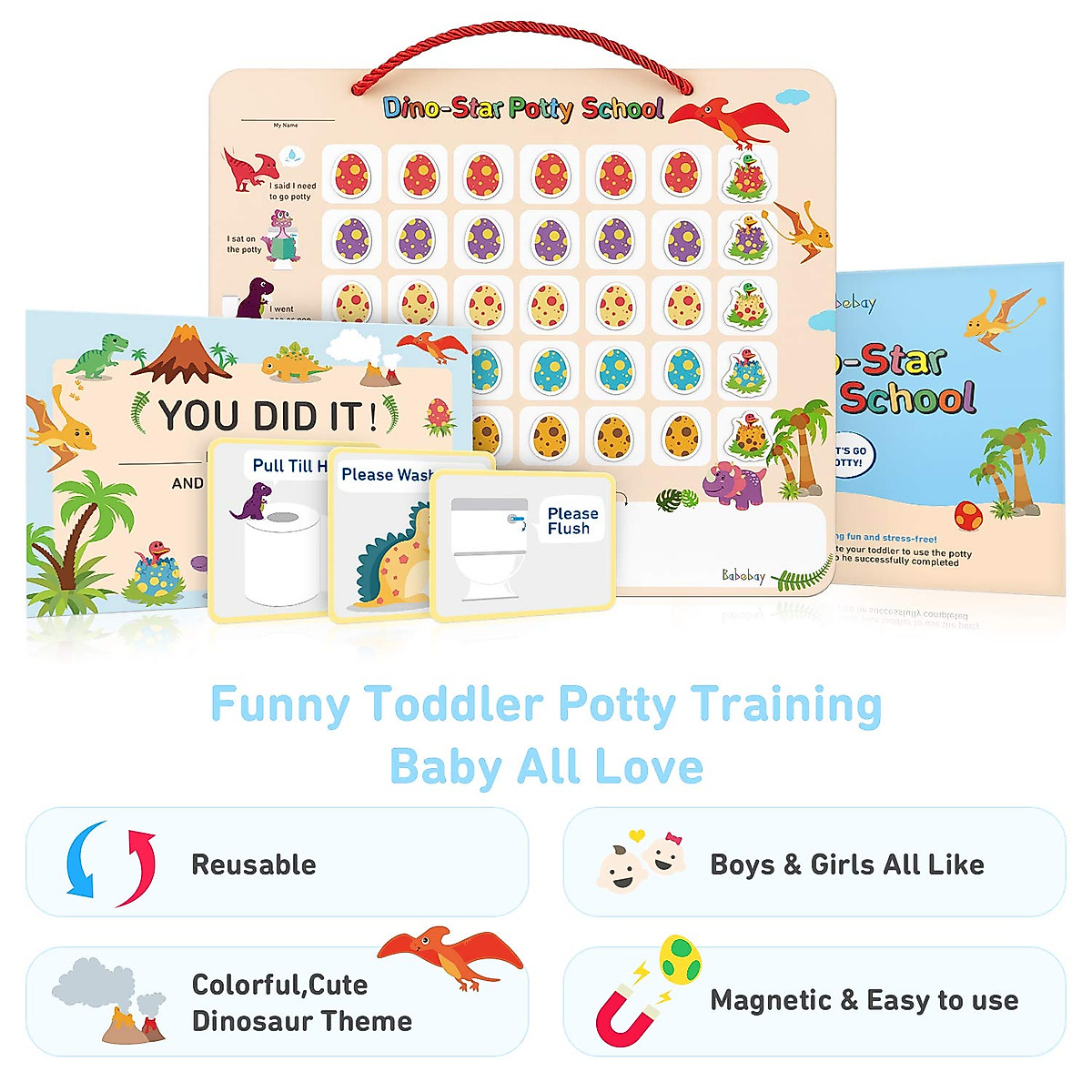 Potty Training Chart for Toddlers,Boys,Girls - Dinosaur Design - Magnetic Sticker Chart, Waterproof Magnetic Potty Training Reward Chart, Certificate, 3 Instruction Steps, 35 Magnetic Stickers (Beige)