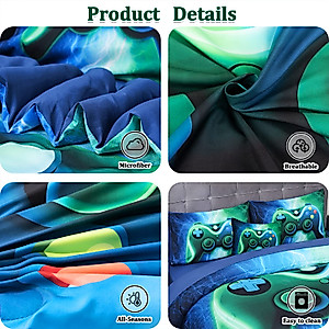 ASKOTU 6 Pcs Gamer Full Bedding Set for Boys, Blue Green Lightnings Bed in A Bag Full Size Gaming Comfortter Set with Sheets for Boys