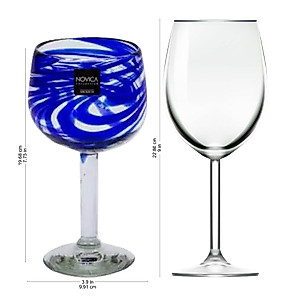 NOVICA Hand Blown Blue Swirl Recycled Glass Wine Glasses,11 oz 'Blue Ribbon' (large, set of 6)