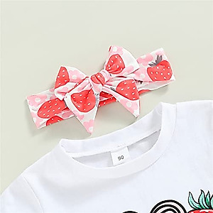 Toddler Kids Baby Girl Summer Outfit Strawberry Print Short Sleeve T-Shirt Tops Flare Pants Headband 3pcs Clothes (White Strawberry,12-18M)