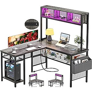 Unikito L Shaped Computer Desk with LED Strip and Power Outlets, Reversible L-Shaped Corner Desk with Storage Shelves and Bag, Industrial Home Office Desk Gaming Table with USB Port, Black Oak