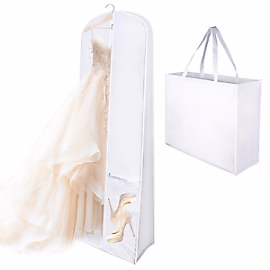 Hiitytin 70" Wedding Dress Garment Bag with 10'' Gusseted Dress Bags & Bride Tote Bag, 3 Pockets Garment Bag for Wedding Dress, Gown Garment Bag for Long Dresses, Prom Gown Bags, Bride Bag, White (1)