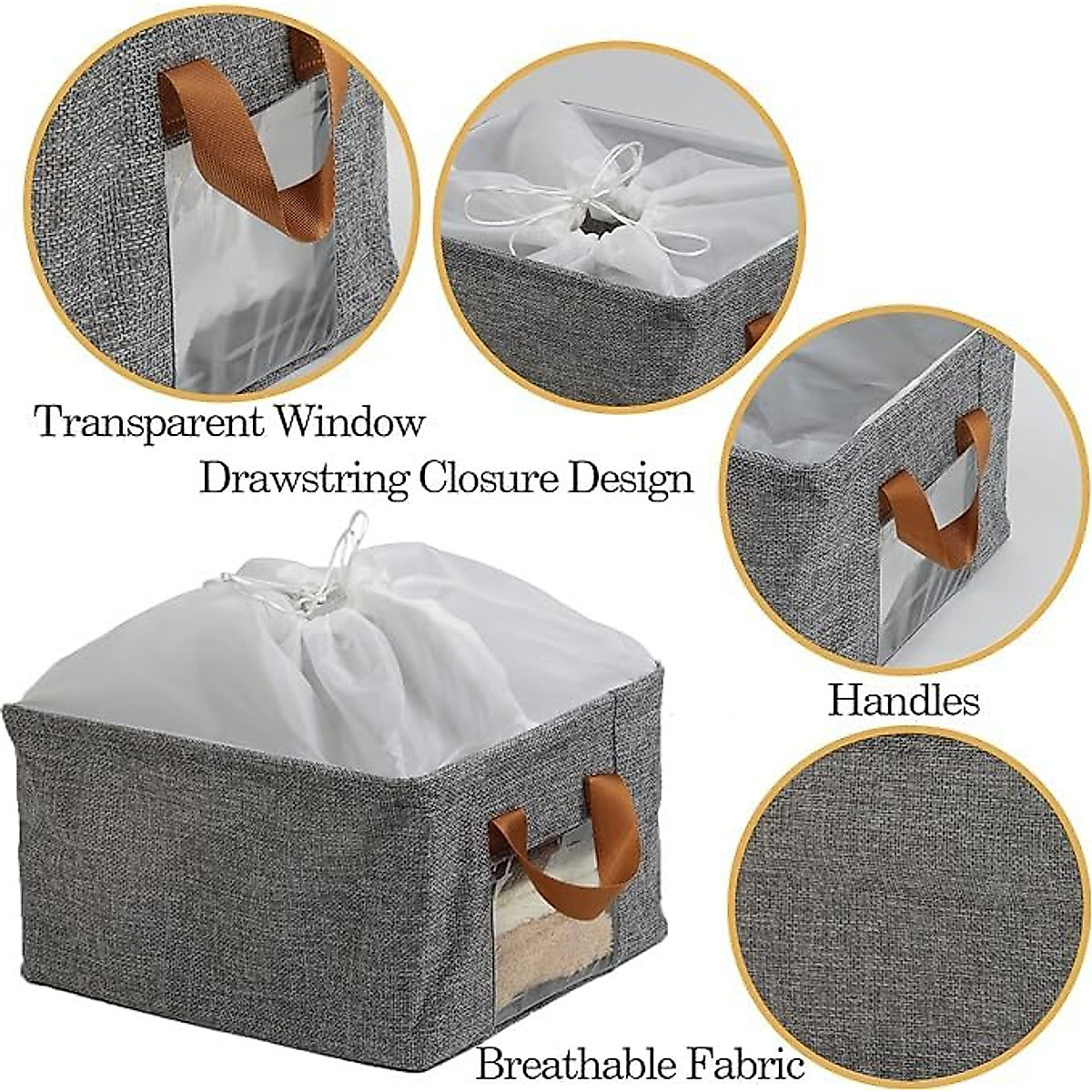 3pc 10 Liters Linen Storage Baskets with Dust-proof Opening & Handles & Visible Window, Foldable Small Fabric Bins Decorative Basket Organizer Boxes for Organizing Dresser Shelves
