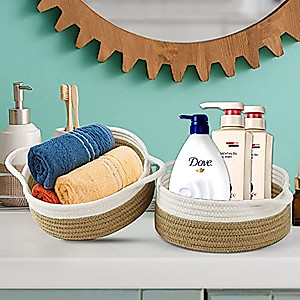 Voilamart Cotton Rope Basket Set of 5,Rope Basket with Handles,Woven Storage Basket,White and Jute Decorative Toy Baskets Set for Baby toys,Makeup