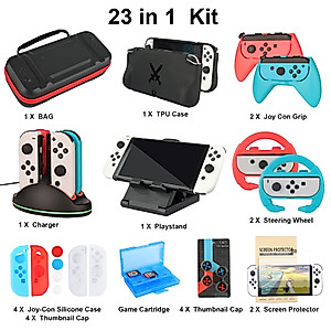 Accessories Bundle for Nintendo Switch OLED Model(2021): Super Kit with Carrying Case, Screen Protector, Steering Wheels, Joycon Grips, Charging Dock, Playstand, Protective case and More (23 in 1)