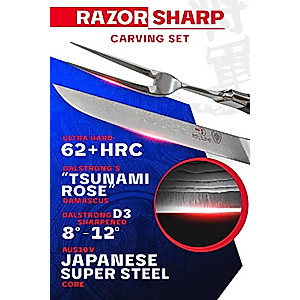 Dalstrong Shogun Series Damascus Japanese AUS-10V Super Steel Carving Kitchen Knife & Fork Set, 9 Inches, Sheath Included