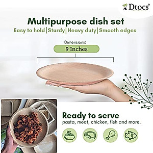 Dtocs Palm Leaf Plate Set (50 Pc) Bamboo Plate Like 9 Inch Round Dinner Plates| Disposable Party Plates, Charcuterie Boards, Platter Sturdy Than Heavy Duty Paper Plates for Weddings, Parties, Catering