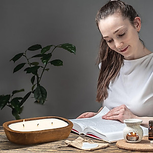 MTLEE 4 Pieces Wooden Dough Bowl Candles 10 Inch Farmhouse Dough Bowl Candles Wooden Candle Bowl Soy Wax Bread Bowl Candles for Table Centerpiece Decoration 4 Fragrances, 3 Wicks Each