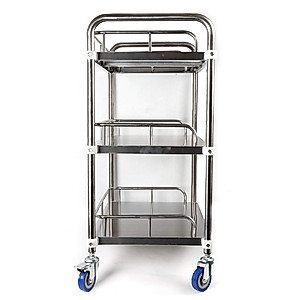 Utility Cart On Wheels, 3 Tiers Silver Trolley Stainless Steel Durable Lab Mobile Serving Cart With 4-Wheel, Lockable Commercial Wheel Dental Lab Cart Utility Services Tool For Laboratories, Hospitals