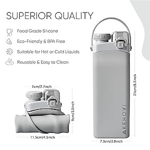 KEHOVI Collapsible Silicone Water Bottle - Reusable Foldable Bottle- Portable Bottle - Essential for Sports Gym Camping Hiking – Travel Must Have - Leak Proof - BPA Free - 20.5 oz (Platinum Gray)