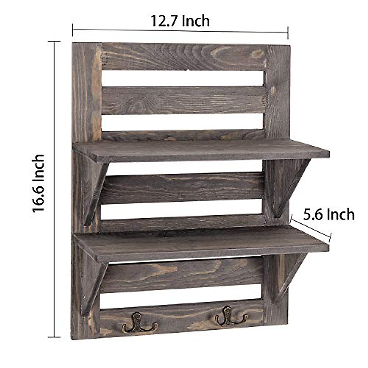 VERGOODR Rustic Wooden Wall Mounted Organizer Shelves with 2 Hooks, 2-Tier Storage Rack, Decorative Wall Shelf Organizer,Kitchen,Bathroom,livingroom Farmhouse Rustic Décor,Grey (Grey)