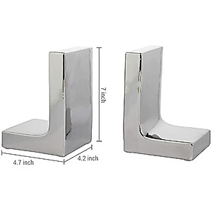 MyGift Metallic Silver Ceramic L-Shape Decorative Bookends Unique Modern Office Desk Book Stand, 1-Pair