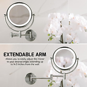 OVENTE 9" Lighted Wall Mount Makeup Mirror with 1X/7X Magnification, Double Sided Magnifying Vanity Mirror, LED Glow Light, 360° Swivel Design, Extendable & Folding Arm, Nickel Brushed MPWD3185BR1X7X