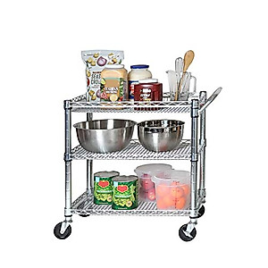 Seville Classics UltraDurable NSF Commercial Heavy Duty Metal Rolling Utility Cart, w/ Steel Shelves, Handle Bar for Restaurant, Garage, Warehouse, Kitchen, Office, Deep Top Basket (34.75"W x 18.25"D)