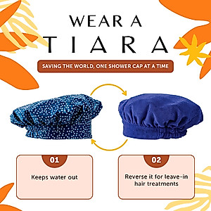 TIARA Luxury Shower Cap for Women Reusable Waterproof, Hair Cap for Long & Short Hair, All Size Flexi Adjustable Terry Lined Cloth Plastic Leakproof Soft, Breathable, Durable & Comfy (Dots Blue)