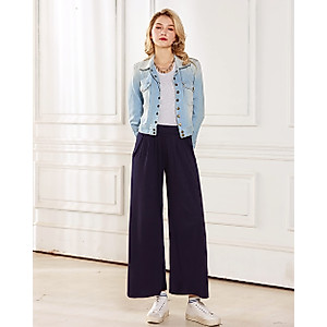 noflik Women's Comfy High Waisted Knit Wide Leg Pants with Elastic Waistband (Navy, XL)