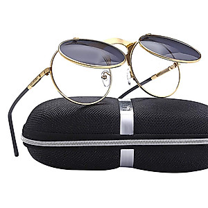 luojery Retro Round 80's Flip Up Steampunk Sunglasses Mirror Vintage Circle Sun Glasses Eyewear for Men Women (Gold Frame Grey Lens, as the picture)