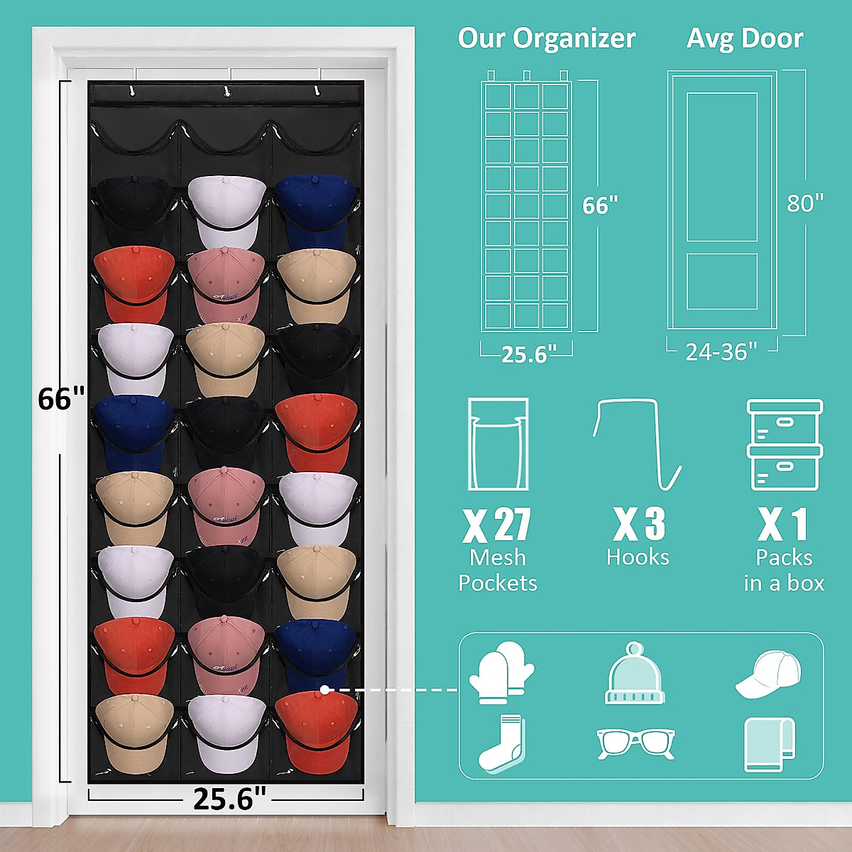 Tiblue Hat Rack for Baseball Caps, 27 Pockets Organizer, Hanging Over the Door Storage Closet Wall with Large Clear & 3 Hooks Holder Hanger for Sport