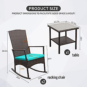 Outdoor PE Wicker Rocking Chair 3-Piece Patio Rattan Bistro Set 2 Rocker Armchair and Glass Coffee Side Table Furniture, Washable Lacing Cushion (Turquoise)
