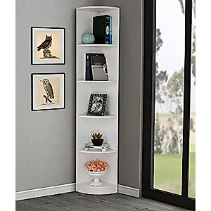 ICE ARMOR 5 Tier Corner Bookcase Wooden Display Bookshelf Storage Rack Multipurpose Shelving Unit for Living Room Home Office in White Wood