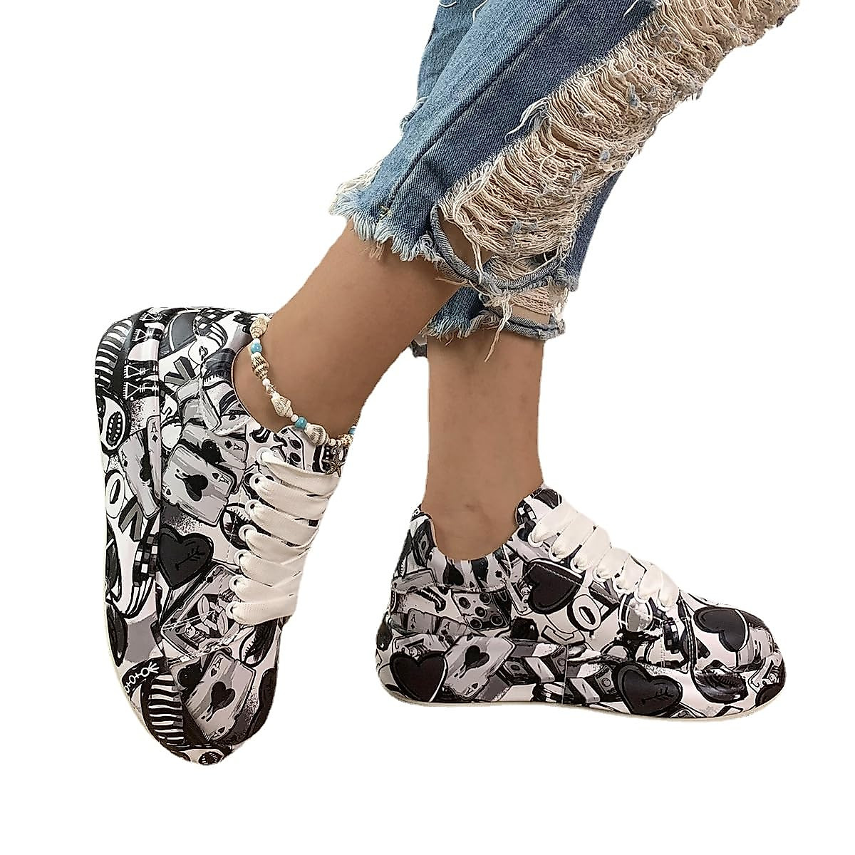 Breathable Low-top Lace-up Graffiti Running Shoes for Men Women - Ideal for Gym, Tennis, Walking, and Fashion (Graffiti Black,8.5)