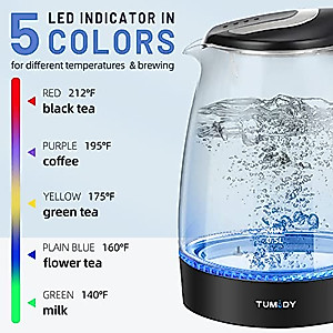 TUMIDY 1.7L Glass Electric Kettle Temperature Control Hot Water Boiler with 5 Colors LED Indicator and Keep Warm Function, 90°Open Fast Boil Auto Shut-Off Tea Heater Stainless Steel Inner Lid & Bottom
