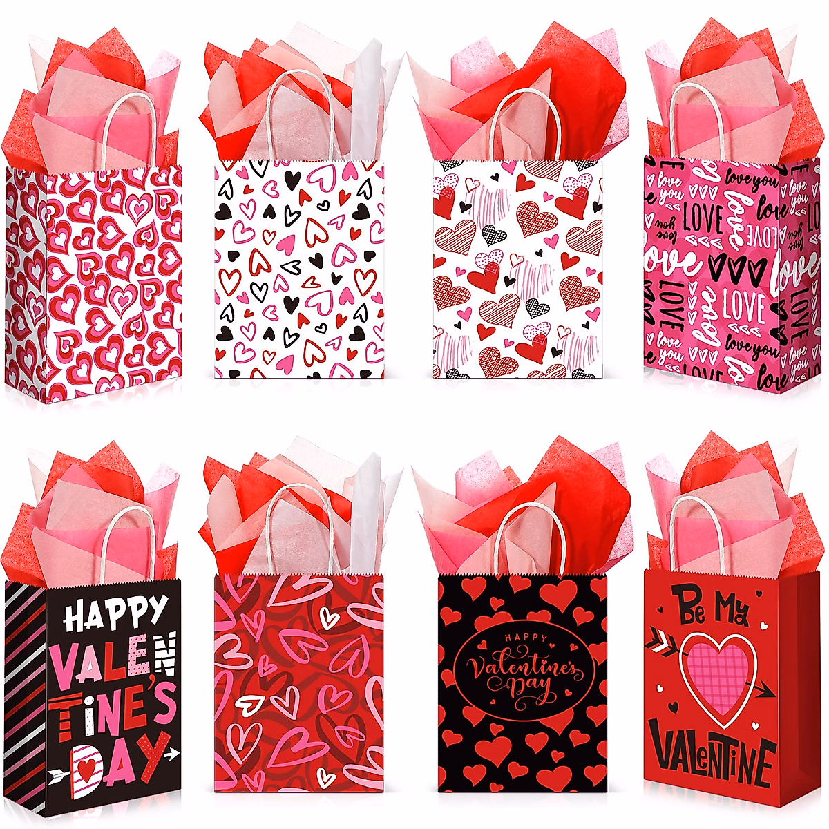 32 Pcs Valentines Day Gift Bags Valentines Kraft Paper Bags with Tissue Paper Heart Shaped Treat Goodies Bag for Wedding Valentines Party Gift Giving Kids Classroom Exchange Prizes, 8.7 x 6.3 x 3 inch