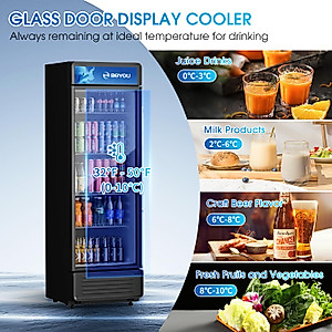 BEYOU Commercial Refrigerator, 12.2 cu. Ft Upright Beverage Display Merchandiser with single Glass Door, Drink Cooler for Living Room,Bar,Garage（Black）