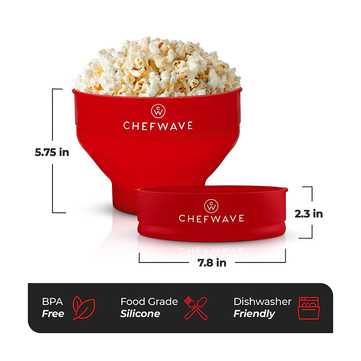Chefwave Silicone Popcorn Popper (Red) - Reusable, Collapsible Microwave Popcorn Bowl - Dishwasher Safe