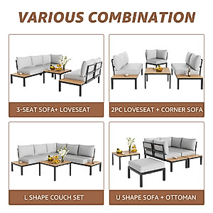 NATURAL EXPRESSIONS Patio Furniture Sets, Metal Outdoor Sectional L Shape Corner Sofa Outdoor Couch with Detachable Backrest,3 Fuaxwood Tables, Grey Thick Olefin Cushions for Yard,Garden