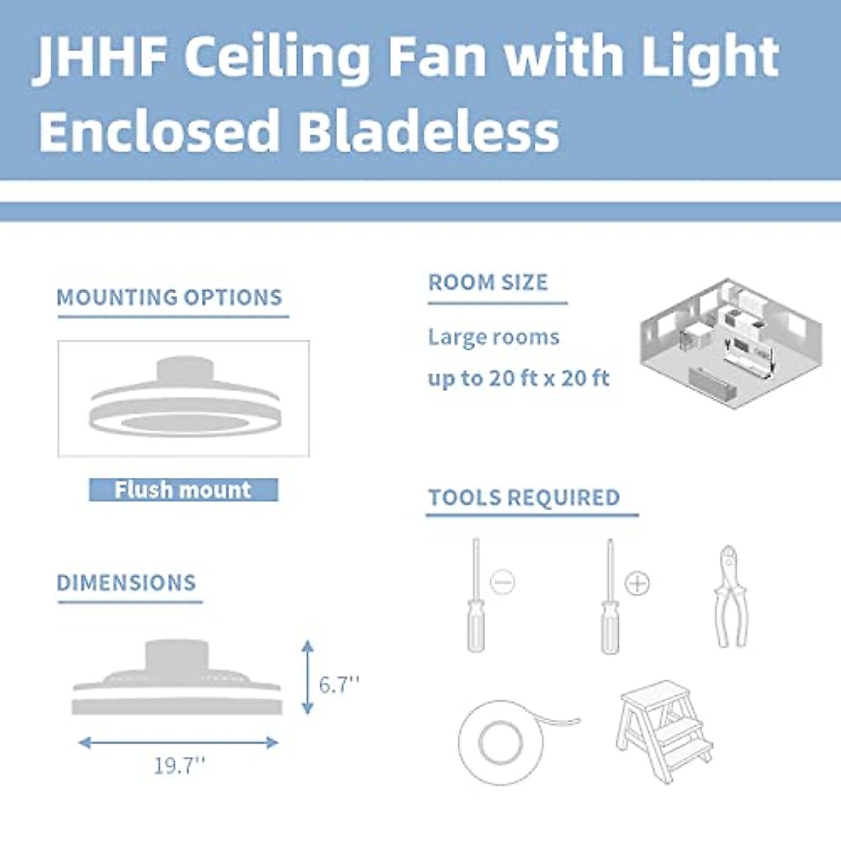 Ceiling Fan with Lights Remote Control,Dimmable Fan Lighting, 20'' Enclosed Bladeless Fan, Semi Flush Mount,2.4GHz Wi-Fi Bluetooth & App Controlled Works with Alexa and Google Assistant (Matte White)