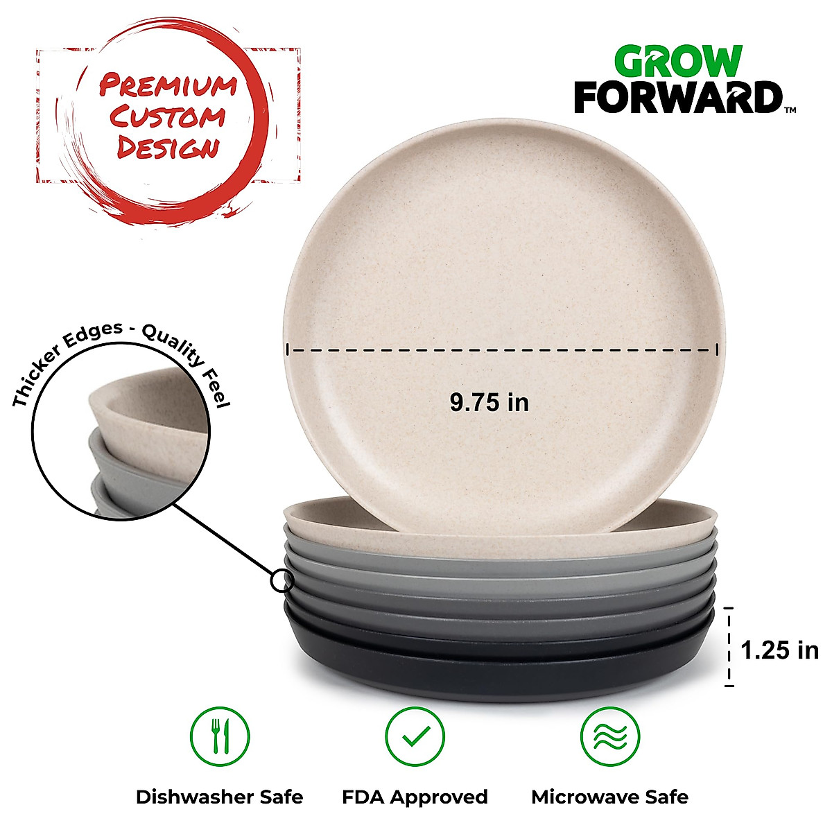 Grow Forward Premium Wheat Straw Plates - 10 Inch Reusable Hard Plastic Dinner Plates Set of 8 - Unbreakable Microwave Safe Plates for Dessert, Camping, RV, Outdoors, Patio, Kitchen Dishes - Moonlight