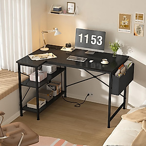 EnHomee L Shaped Computer Desk with File Drawer & Power Outlet, 39 Inch Home Office Desk Corner Desk for Small Space, Bedroom Work, Black
