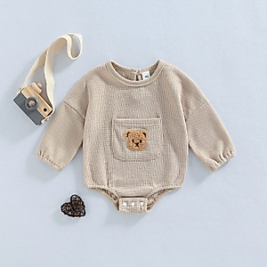 Cute Baby Sweatshirt Romper Waffle Knit Baby Clothes Infant Girl Boy Fall Winter Outfits (Khaki, 0-6 Months)