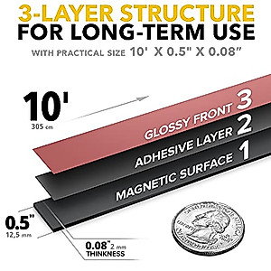 Flexible Magnetic Tape - Magnetic Strip with Strong Self Adhesive - Ideal Magnetic Roll for Craft and DIY Projects - Sticky Magnets for Fridge and Dry Erase Board (1/2 Inch x 10 Ft)