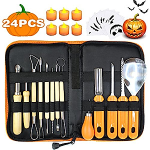 Halloween Pumpkin Carving Kit, Halloween Jack-O-Lanterns 13 Piece Professional pumpkin cutting supplies tools Kit with 6 Pumpkin LED Candles, Pumpkin Carving Kit for Kids and Adult