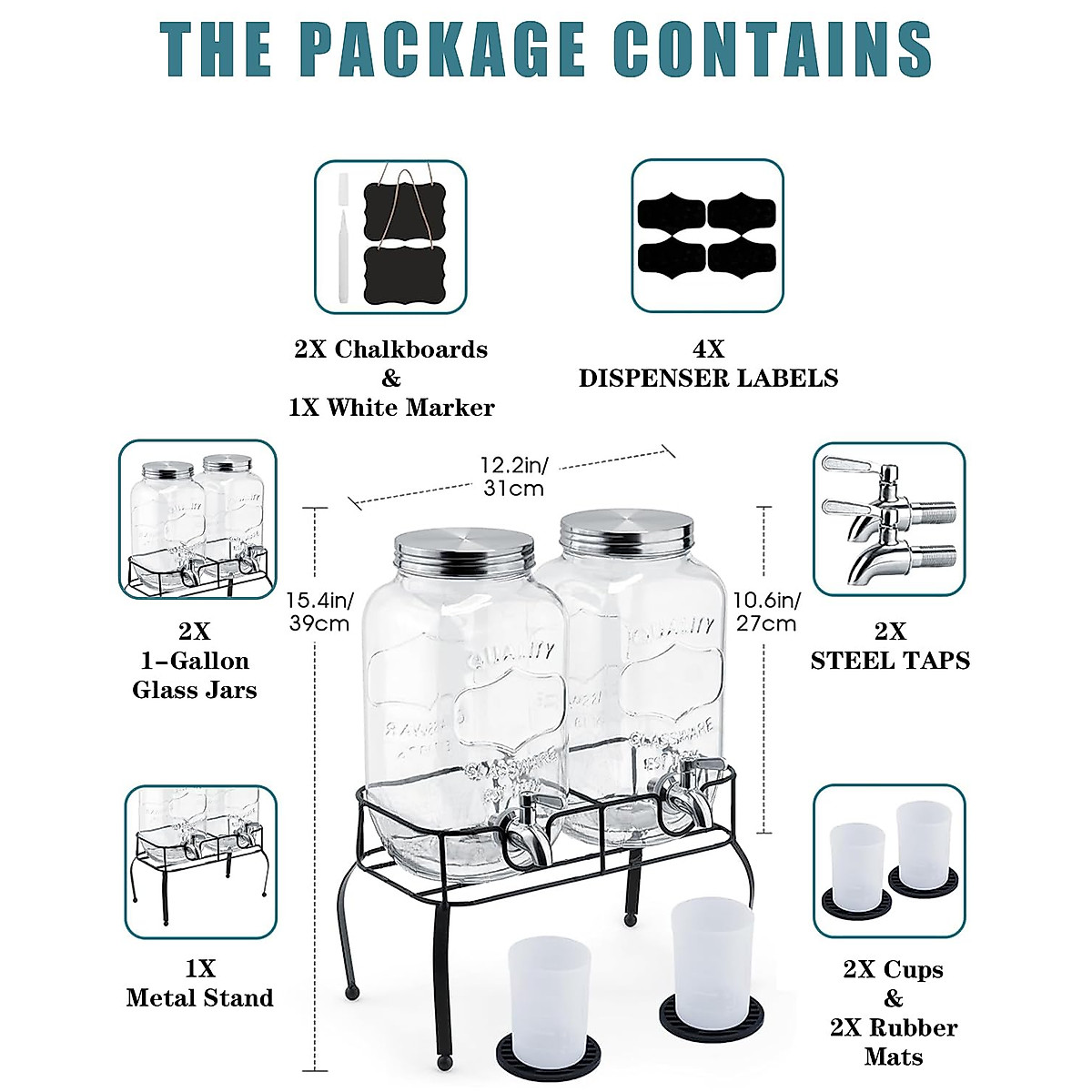 Liquid Laundry Detergent Dispenser, Ann Bully[2 Pack] 1-Gallon Glass Drink Beverage Dispenser with Stand & Lid & Stainless Steel Spigot, Mason Jar Drink Dispensers for Parties, Picnics, BBQ, Weddings