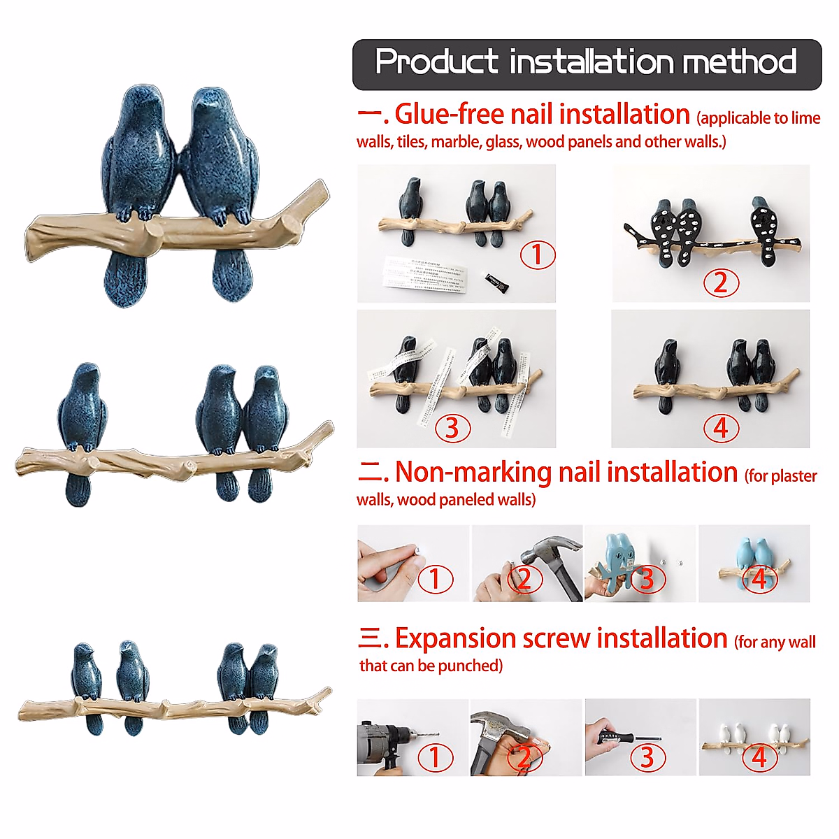 JiuLiJiu Handmade Rustic Bird Decorative Wall Hooks - Entryway Key Hanger, No-Drill Installation, Country Style Coat and Hat Hooks (Dark Blue, 3 Birds with 3 Hooks)