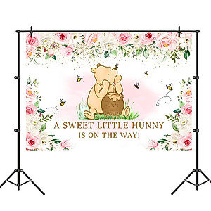 Classic Little Bear Baby Shower Backdrop Girls Pink Florals Cartoon Bees Birthday Photo Background Decorations Newborn Baby Shower Party Cake Table Supplies 5x3ft