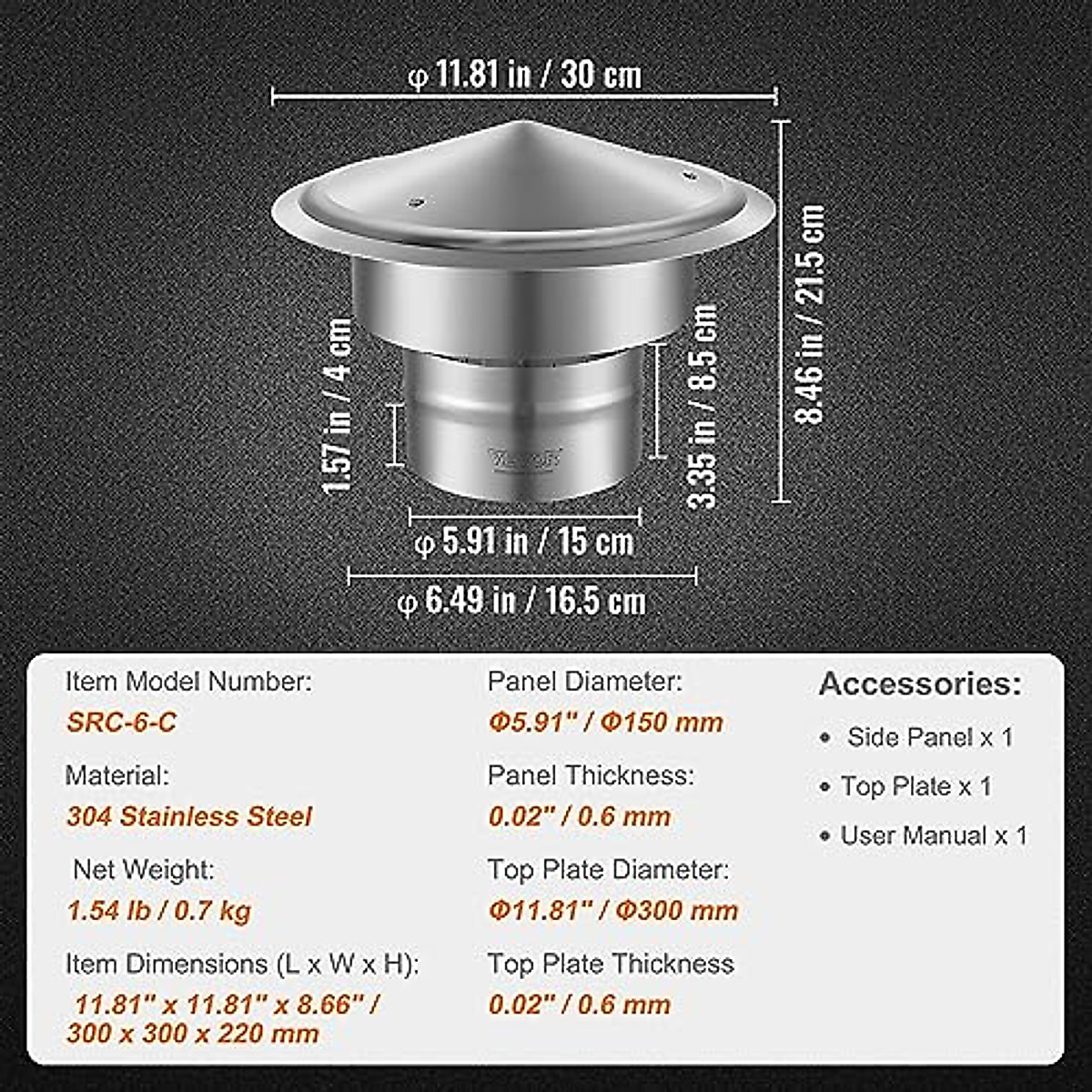 VEVOR Chimney Cap 6 inch All Weather & Reinforced Screws & Easy Installation, for Perfect Insulation Vent Cover Outside, Silver
