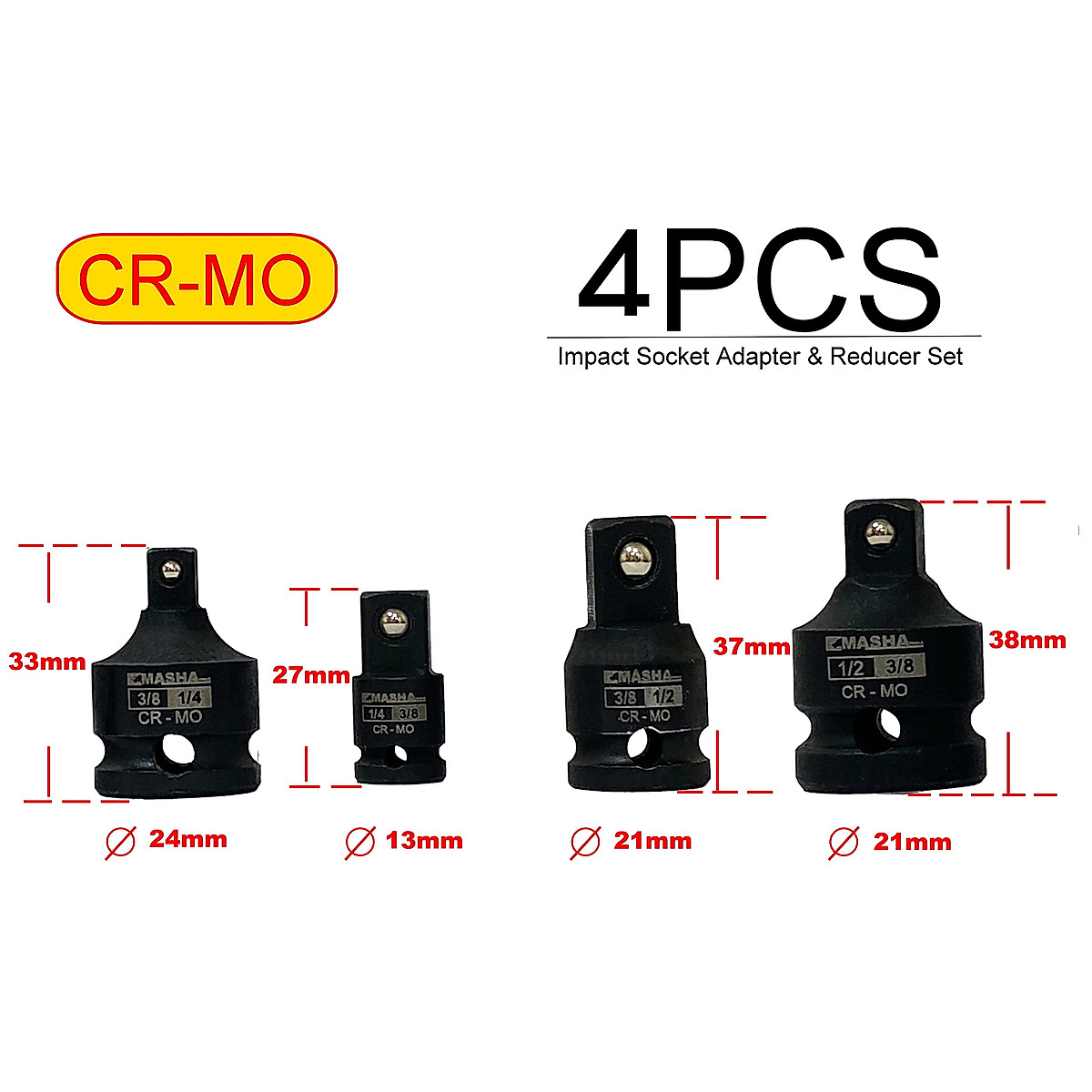Masha Tools-Impact Socket Adapter and Reducer Set / 4 Piece Set / 1/4” – 3/8” – 1/2” Impact Driver Conversions/Chrome Molybdenum Steel (CF-AD1238)