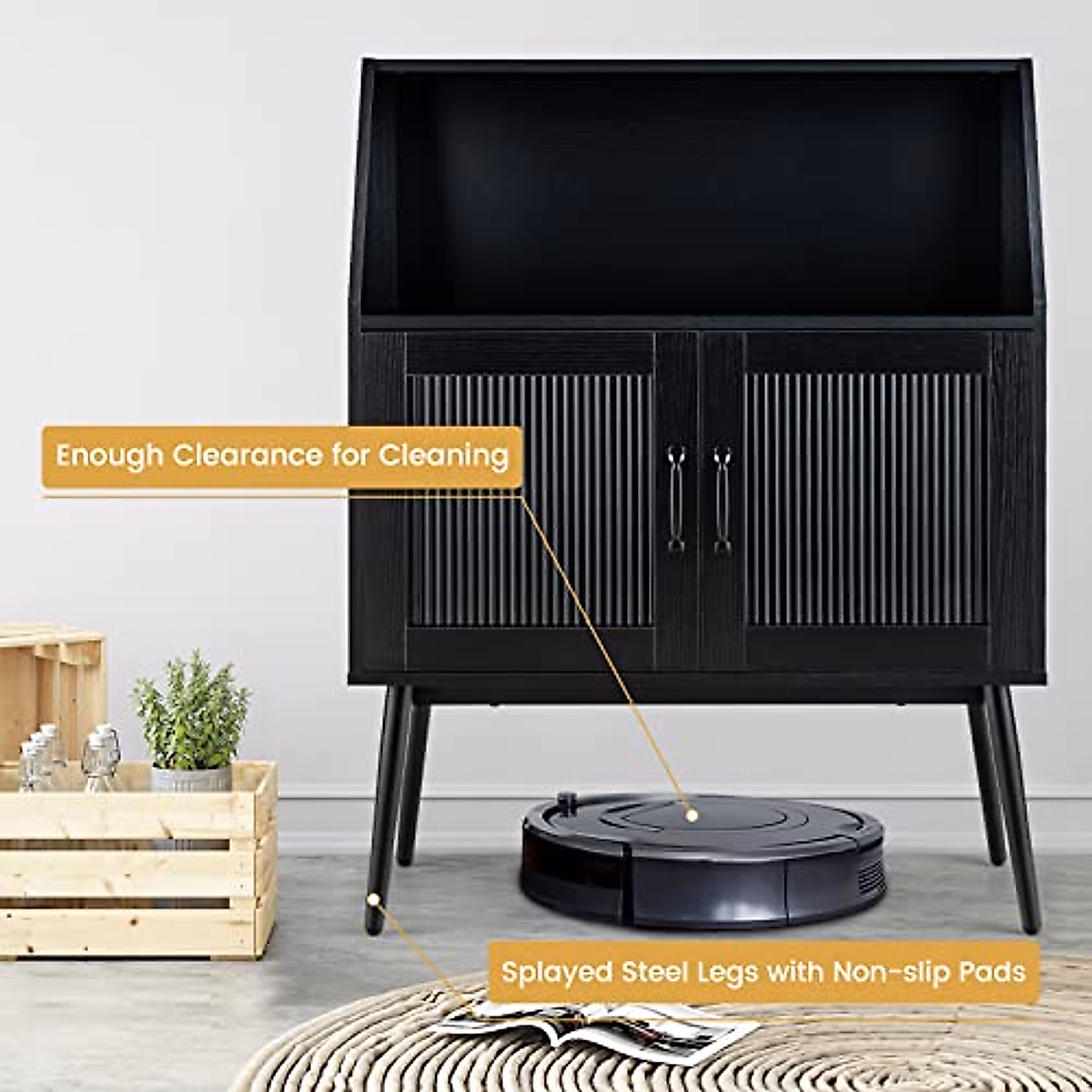 Giantex Buffet Cabinet with Storage, Farmhouse Sideboard with Open Shelves & Tempered Glass Door, Mid Century Free-Standing Kitchen Cupboard for Living Room Hallway, Black