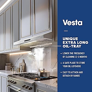 Vesta Arlington 850cfm Powerful 30''Under Cabinet Stainless Steel,With Twin Turbo Motors, Contemporary Design, Delay Shutoff 3 Speed Touch Screen, 6'' Top Round Vent, Long LED, and Long Oil Collector